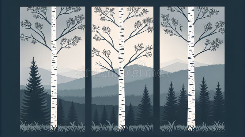 Triptych of Birch Trees and Mountain Landscape Stock Illustration ...