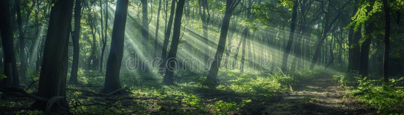 A Serene Forest Scene with Dappled Sunlight Breaking through the Tree ...