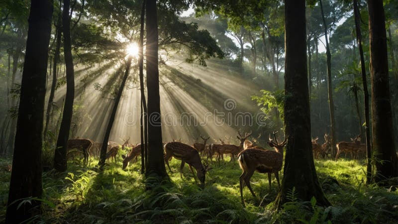 A Serene Forest Scene with Deer Grazing Under Sun Rays Filtering ...