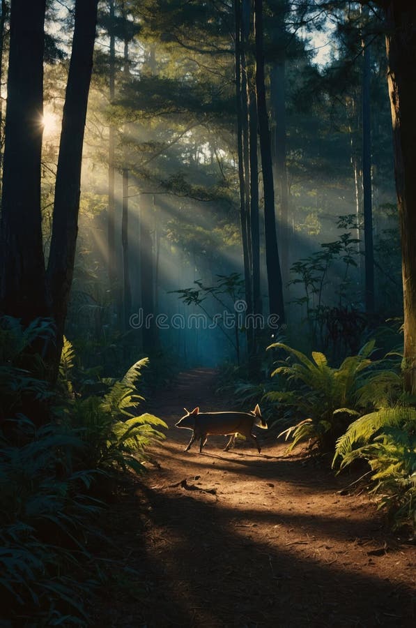 Majestic Wild Boar Silhouette in Sunlit Forest Path Stock Illustration ...