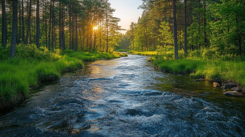 Tranquil Forest with a Winding Stream Reflecting Sunlight in a Lush ...
