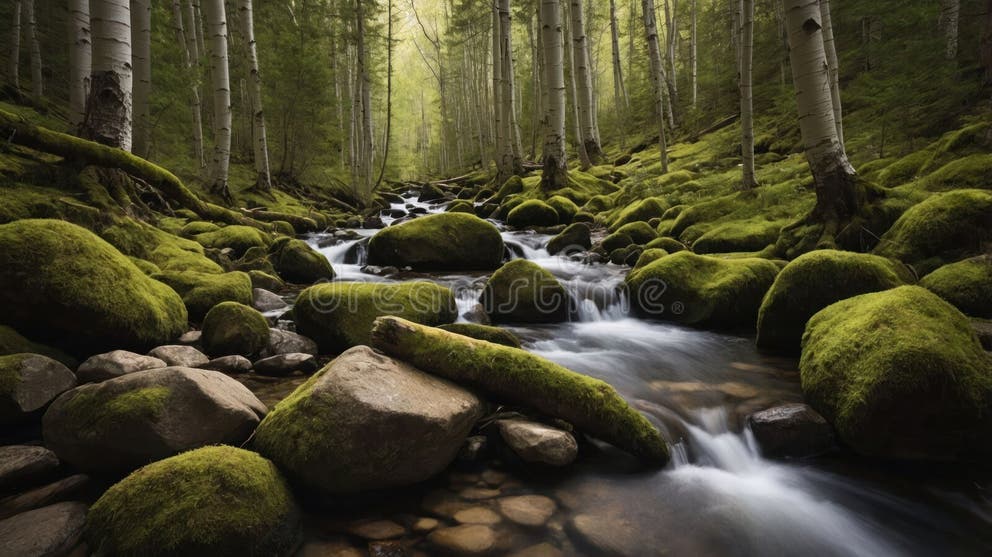 Serene Mossy Stream Flowing through Lush Green Forest Stock ...