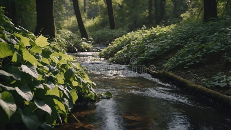 Serene Forest Stream Flowing through Lush Greenery Stock Illustration ...