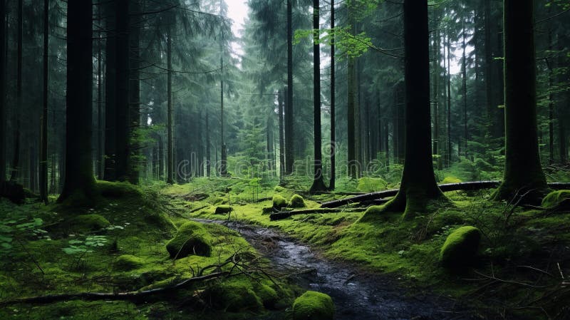 Moody Forest Landscape with Moss-covered Trees Stock Illustration ...