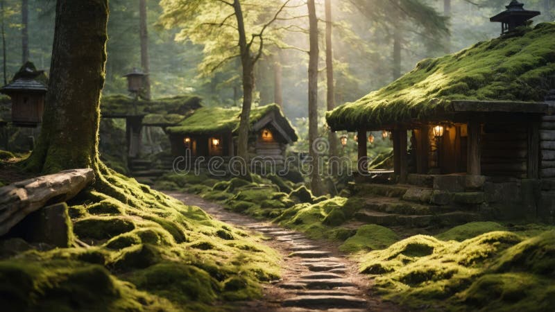 Enchanted Mossy Forest Cottages: Sunlit Path To Fairytale Homes Stock ...