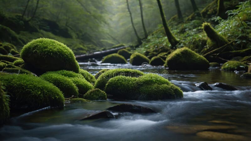 Serene Moss-Covered Rocks in a Forest Stream Stock Illustration ...