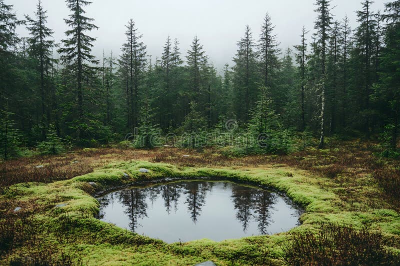 Tranquil Reflection: Forest Pond Embraced by Emerald Moss and Towering ...