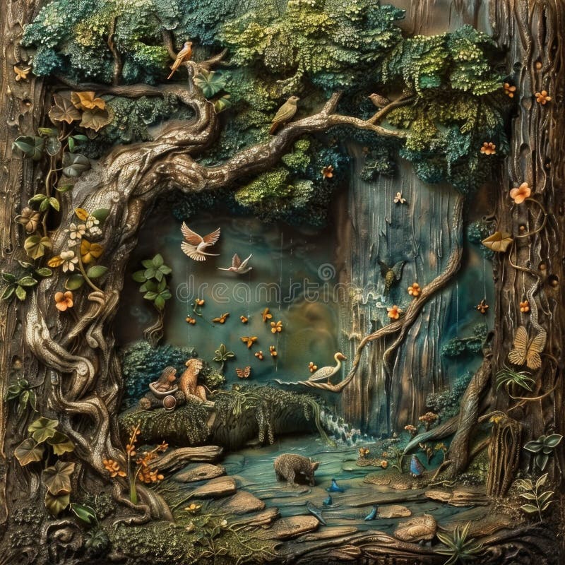 A Serene Forest Scene Featuring Various Animals and Trees, Suitable for ...