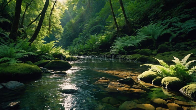 Serene Forest Stream: Mossy Rocks and Lush Greenery in Sunlight Stock Illustration ...