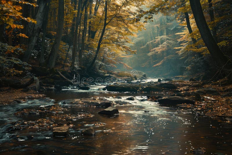 A Serene Forest Scene with a Gentle Stream Flowing through Tall Trees ...