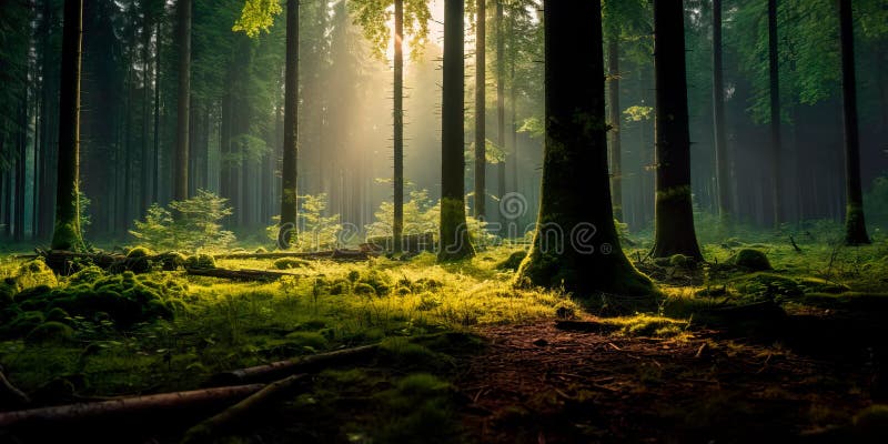 Serene Forest Scene with a Gradient Background of Earthy Greens and ...