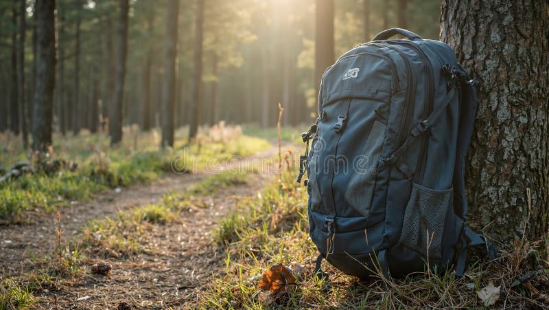 Serene Forest Scene with Hiking Backpack by Tree Stump Stock ...