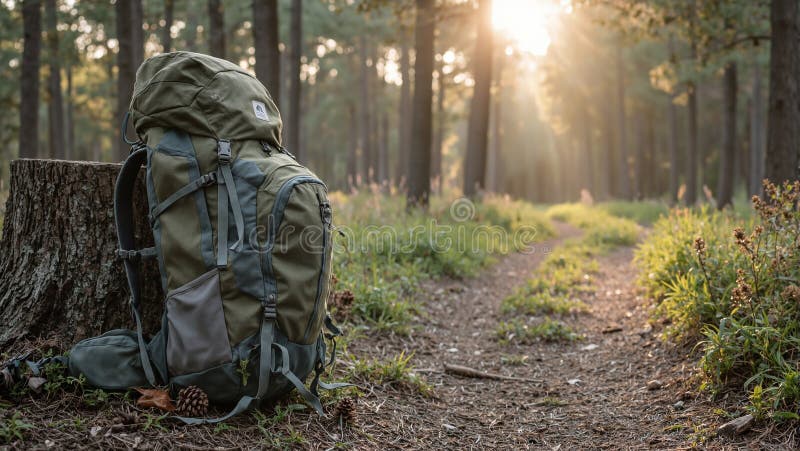 Serene Forest Scene with Hiking Backpack by Tree Stump Stock ...