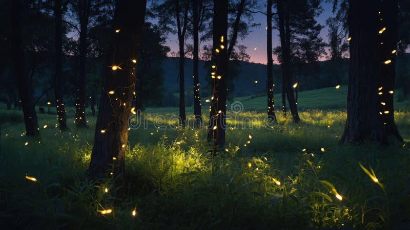 Enchanted Firefly Forest at Twilight: Magical Night Scene Stock ...