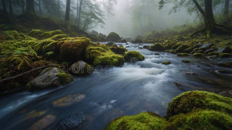 Serene Mossy Stream Flowing through Misty Forest Stock Illustration ...
