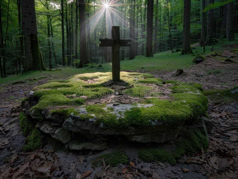 Serene Forest Scene with Moss-covered Cross Stock Illustration ...