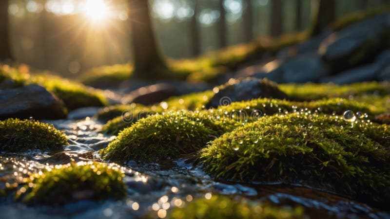 Golden Sunlight Illuminating Dewy Moss by a Forest Stream Stock ...