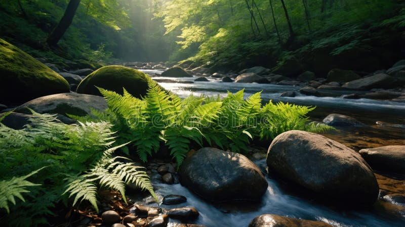 Serene Forest Stream with Lush Ferns and Sunlit Rocks Stock Illustration - Illustration of ...