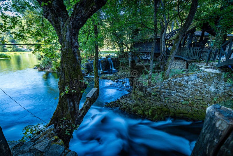 Serene Forest Scene with River and Rustic Structures Editorial Image ...