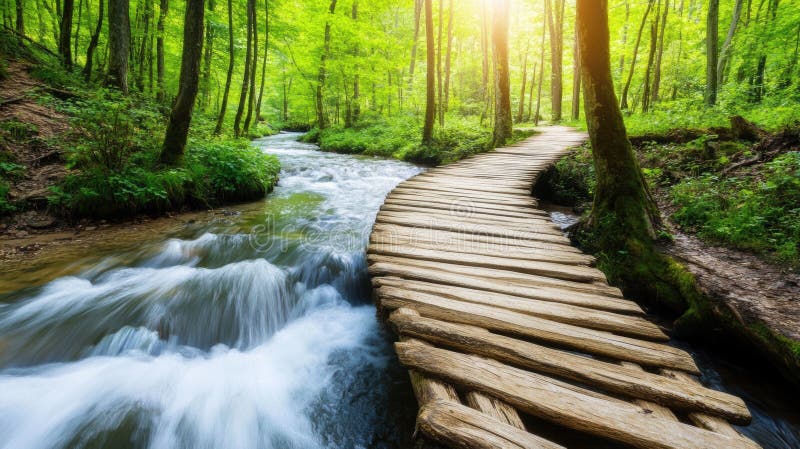 Wooden Path Winds through Lush Green Forest beside a Flowing Stream ...