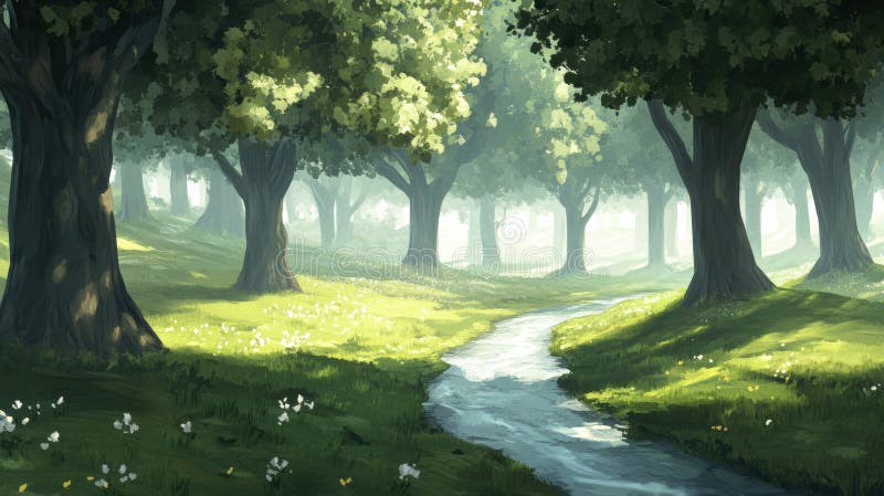 Sunlit Forest Glade with a Gentle Stream Winding through Lush Greenery ...
