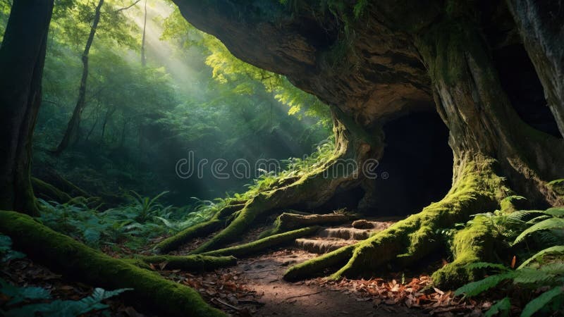 Mysterious Forest Cave Entrance with Mossy Roots and Sunbeams Stock ...