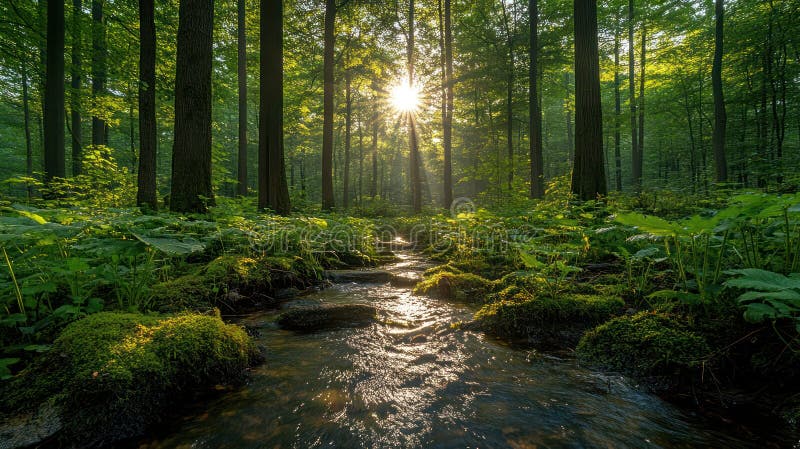 A Serene Forest Scene with Sunlight Streaming through Trees ...