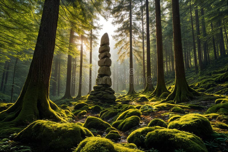 Sunlight Shines through Trees on Rock Pile Stock Illustration ...