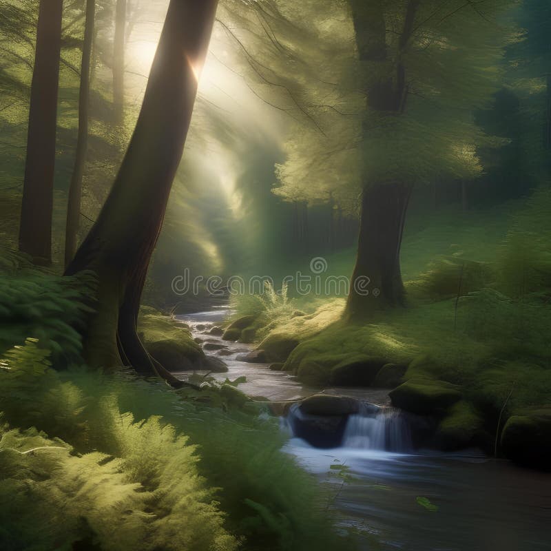 A Serene Forest Scene with Tall Trees, Dappled Sunlight, and a Peaceful ...