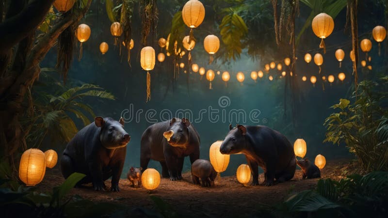 Enchanting Tapirs at Night with Glowing Lanterns in Lush Jungle Stock ...