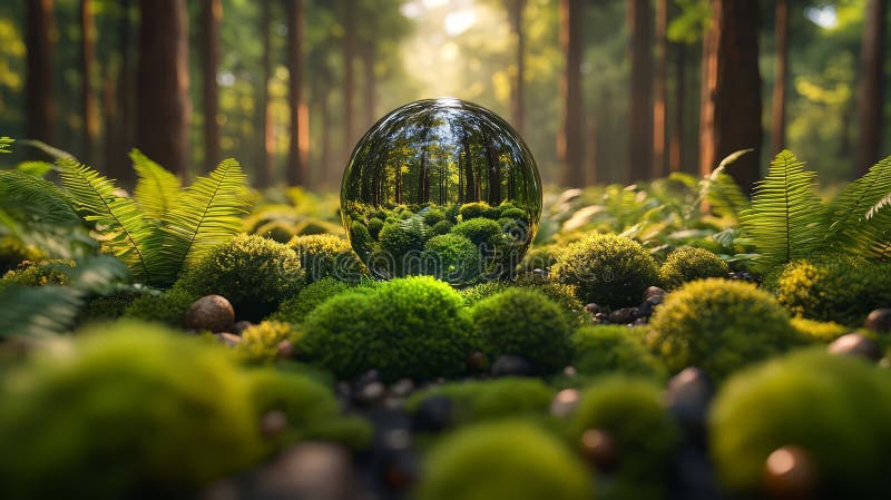 A Serene Forest Scene with Vibrant Moss and a Reflective Glass Sphere ...