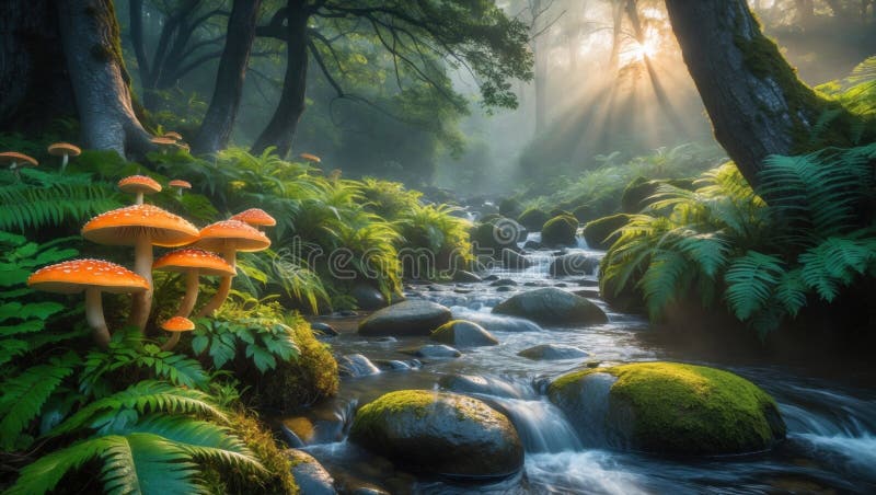Magical Forest Stream with Luminous Mushrooms Stock Illustration - Illustration of wild ...