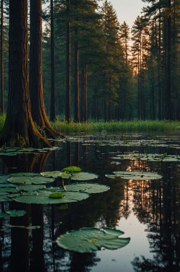 Serene Sunset Reflection in Forest Pond with Lily Pads Stock ...