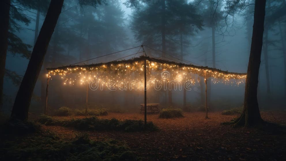 Magical Fairy Lights Canopy in Misty Forest at Night Stock Illustration ...
