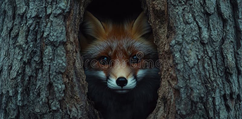 In a Serene Forest Setting, a Curious Fox Looks Out from Its Hiding ...