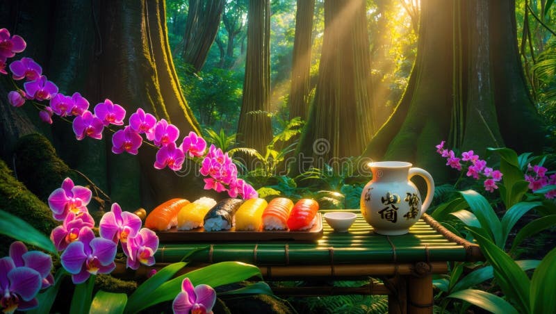Exotic Sushi Dinner in Lush Tropical Rainforest Stock Illustration ...