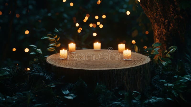 Tranquil Forest Setting with Candles on Log Table and Soft Lights Stock ...