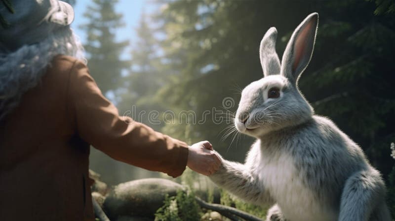 Bunny Rabbit Shaking Hands with Old Man in Woods Stock Illustration ...