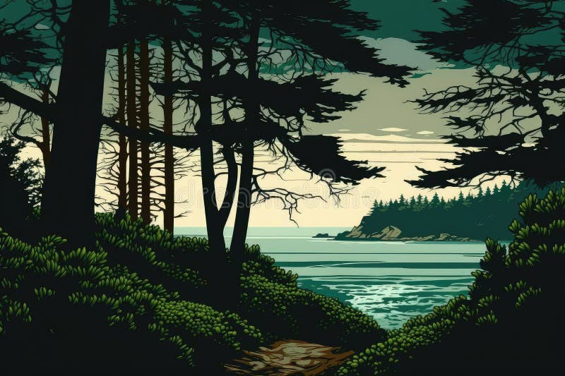 Serene Forest Setting with View of the Ocean Stock Illustration ...