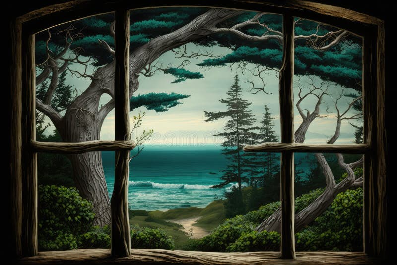 Serene Forest Setting with View of the Ocean Stock Illustration ...