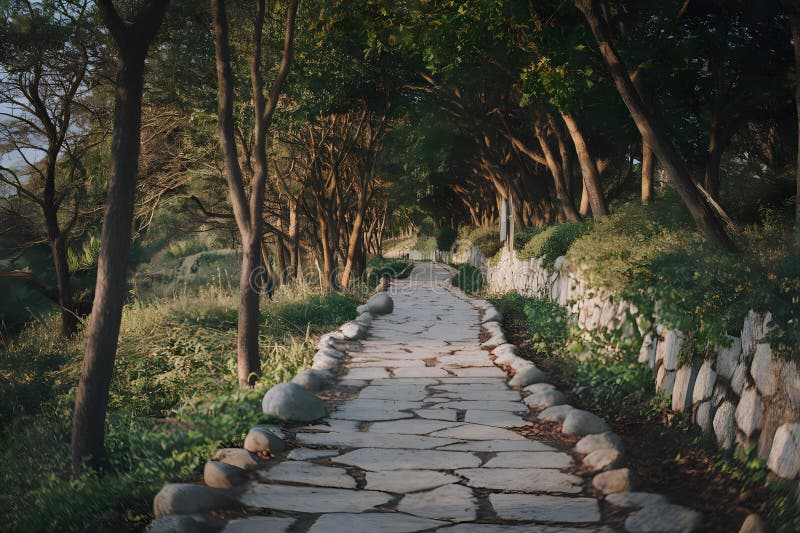 Serene Forest Stone Pathway Stock Illustration - Illustration of ...