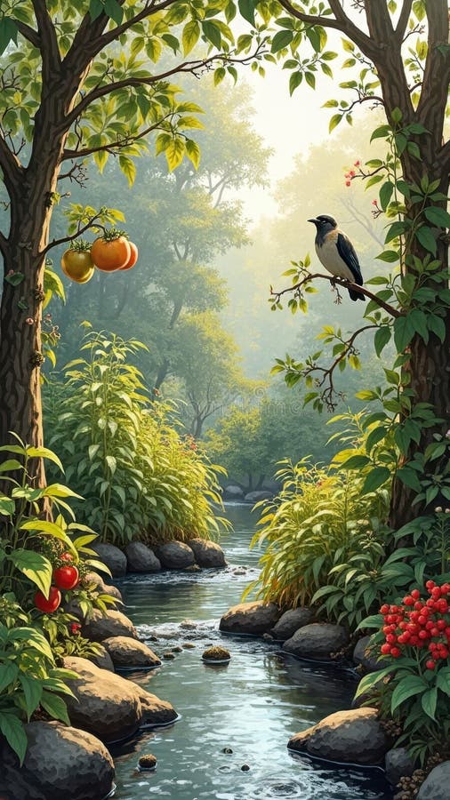 Serene Forest Stream with Bird and Lush Foliage in Sunlit Glade Stock ...