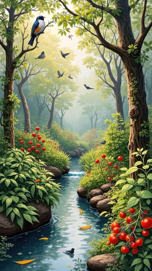 Serene Forest Stream with Birds and Lush Greenery in Sunlit Woodland ...