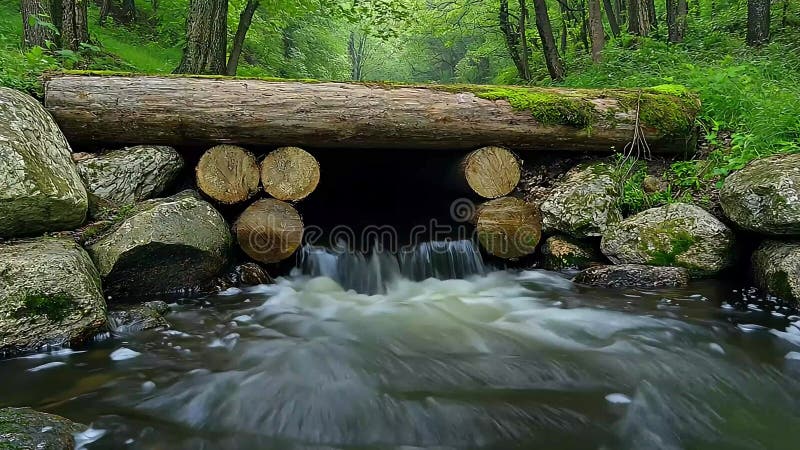 Serene Forest Stream Flows Under a Rustic Log Bridge, Creating a ...