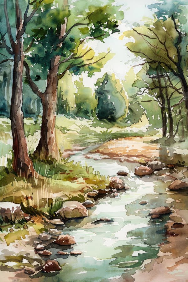 Serene Forest Path with Gentle Stream in Sunlit Woods - Nature ...