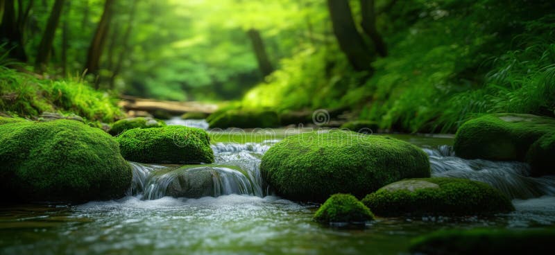 Serene Forest Stream with Moss-covered Rocks and Gentle Flowing Water ...