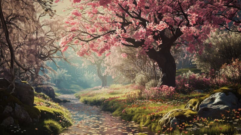 A Serene Forest Stream Painting Stock Photo - Image of painting ...