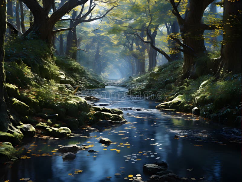 Serene Forest Stream with Sunlight Filtering through Trees and Lush ...
