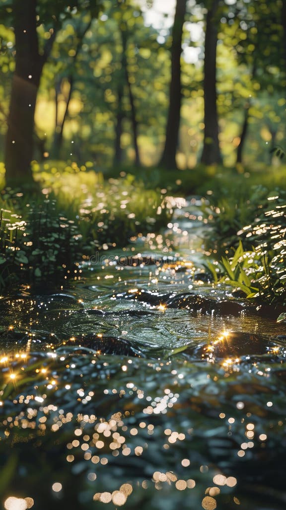 Serene Forest Stream with Sunlight Reflections on Water, Nature ...