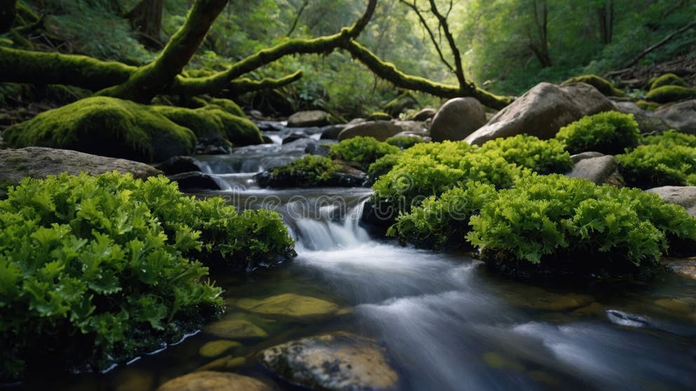 Serene Forest Stream Flowing Over Mossy Rocks and Lush Greenery Stock ...